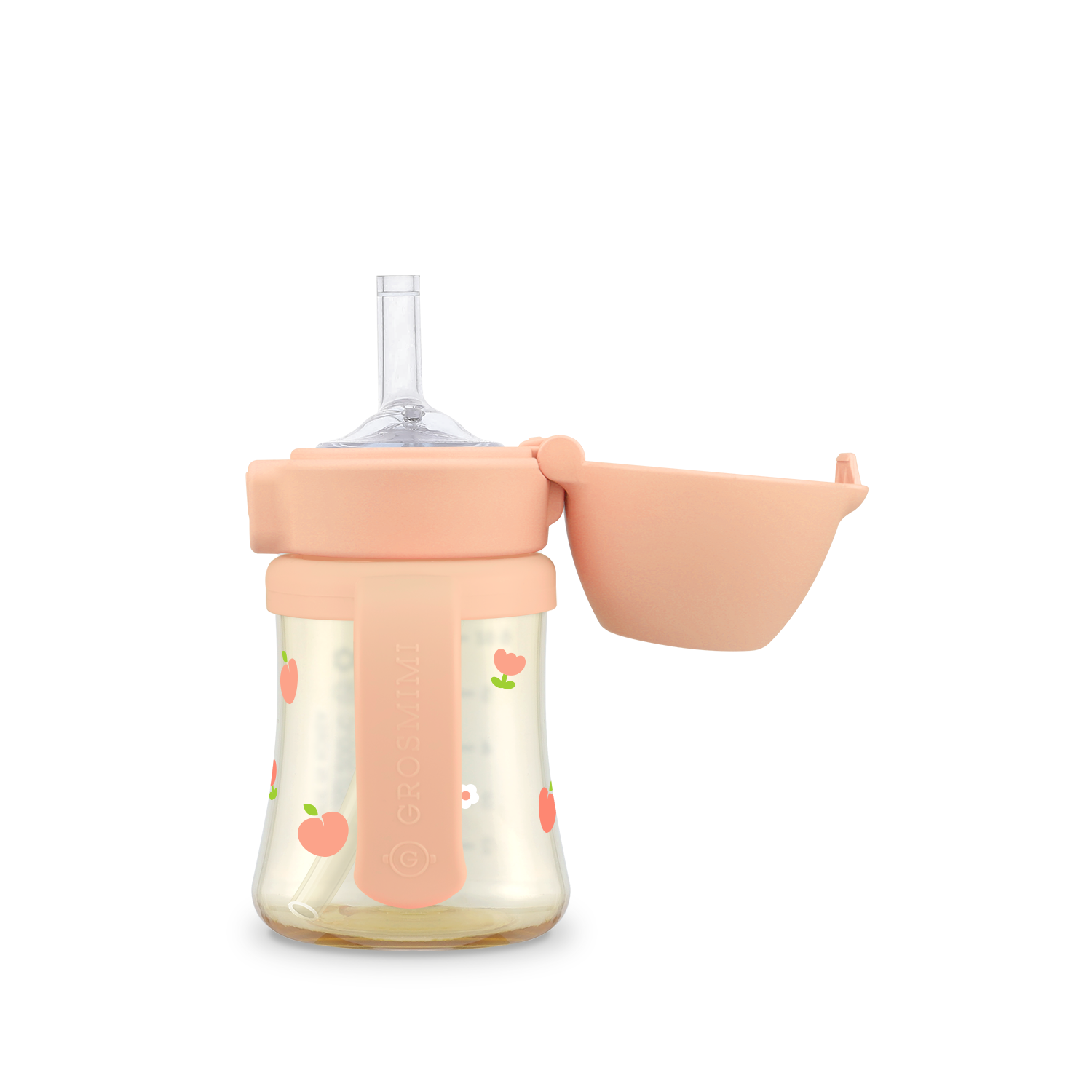 PPSU Straw Cup 200ml with Steel-Free One Touch Cap (Peach Flower) - GROSMIMI